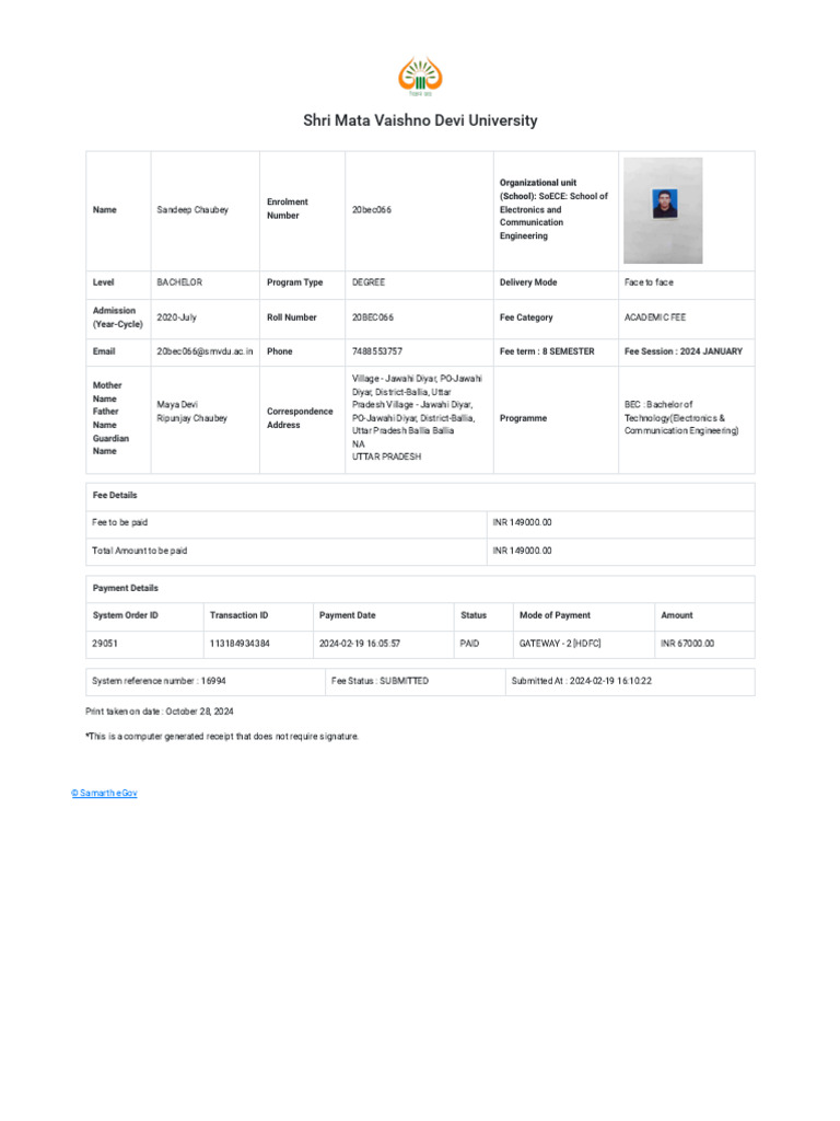 SMVDU B.Tech Fee Receipt for 2024 | PDF | Receipt | Service Industries