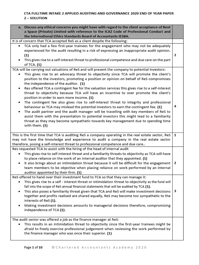 2020 Auditing CTA FT Intake 2 EOY P2 - Solution | PDF | Audit ...