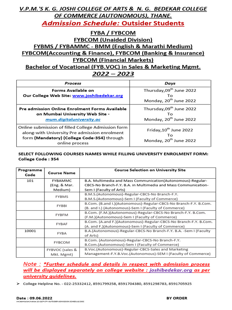 FY Outsider Adm Schedule 22-23 | PDF | Vocational Education ...