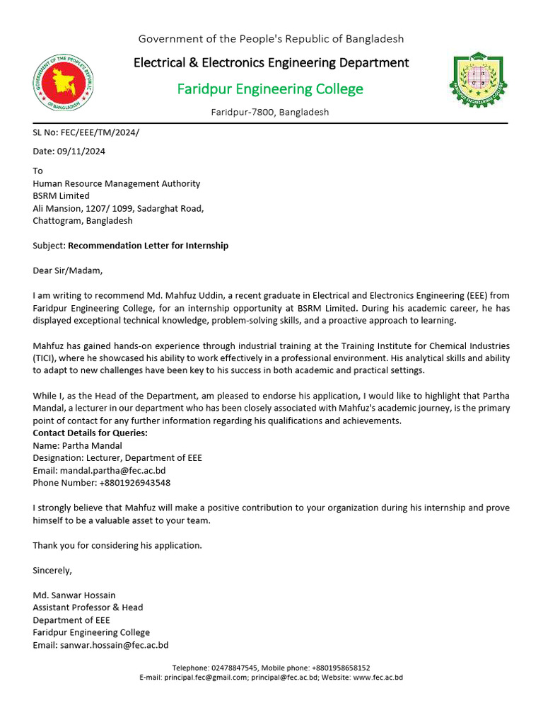 Internship Forwarding Letter (BSRM) | PDF