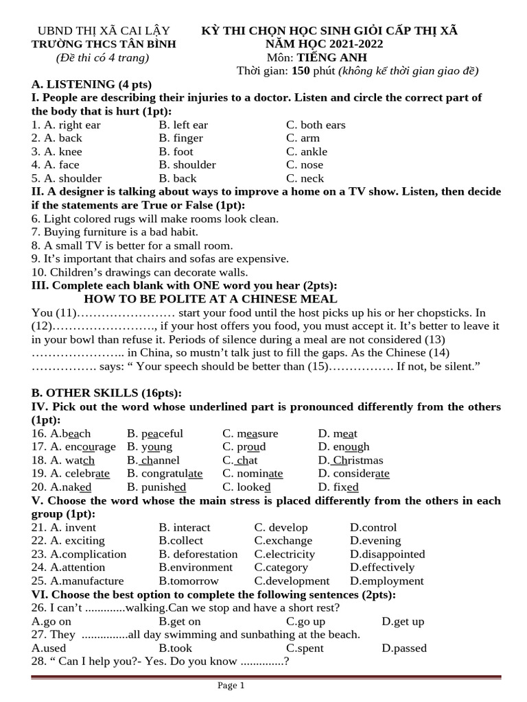 De HSG 1 - Tieng Anh 9 - THCS Tanbinh | PDF