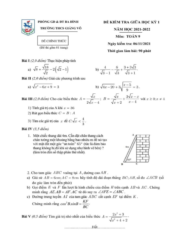 De Kiem Tra Giua Hoc Ky 1 Toan 9 Nam 2021 2022 Truong Thcs Giang Vo Ha Noi | PDF
