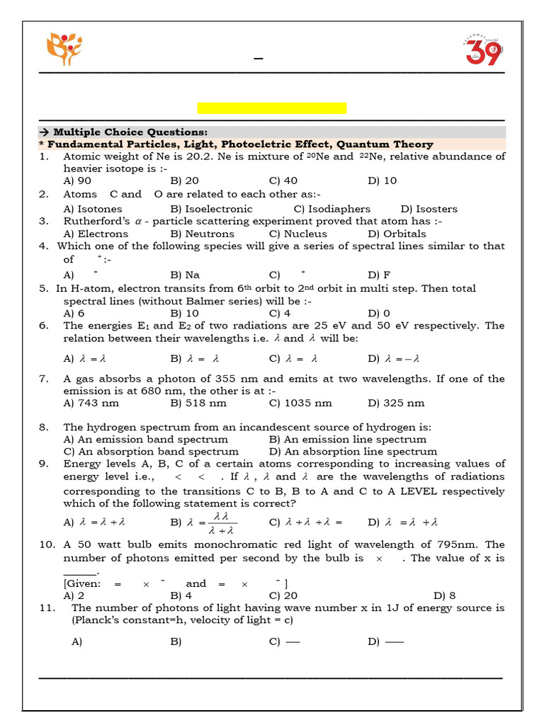 ATOMIC STRUCTURE Work Sheet For IIT Revision | PDF | Emission Spectrum ...