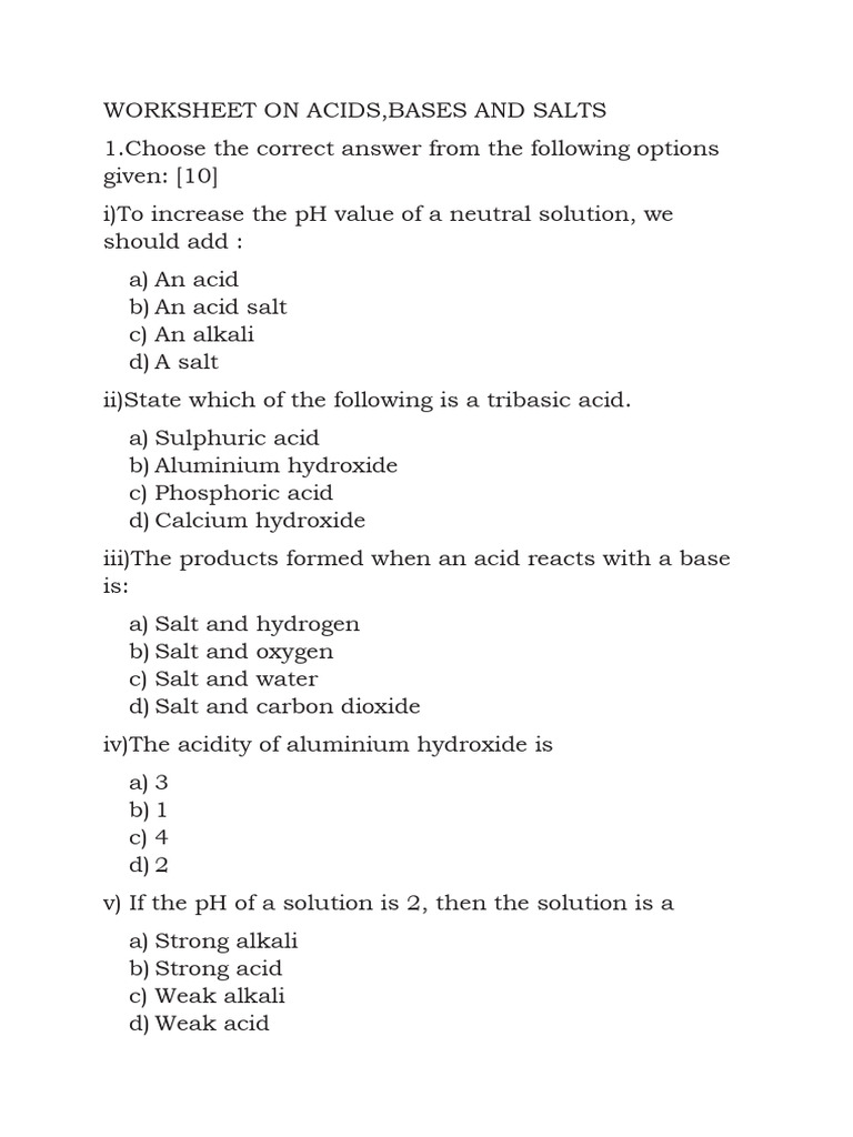 Worksheet On Acid Base Salt | PDF