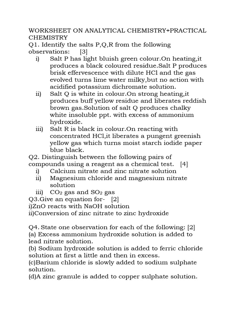 Worksheet On Analytical & Practical Chemistry | PDF
