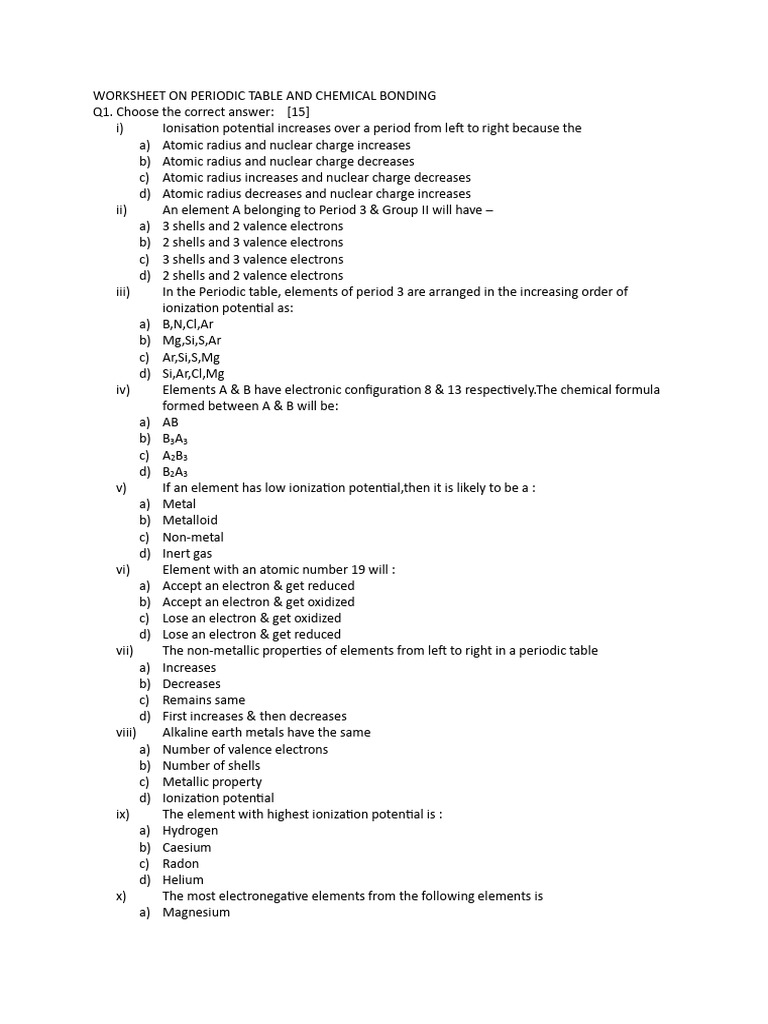 Periodic Table & Chemical Bonding Worksheet | PDF | Chloride | Chemical ...