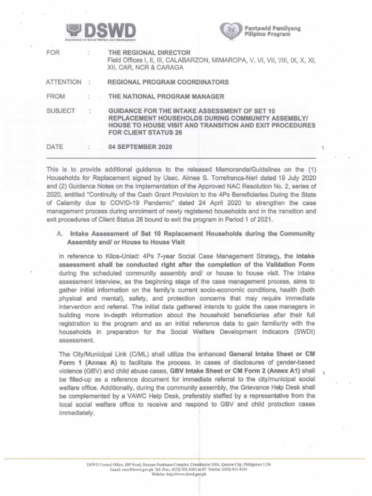 Guidance For Intake Assessment of Set 10 Replacement Household During ...
