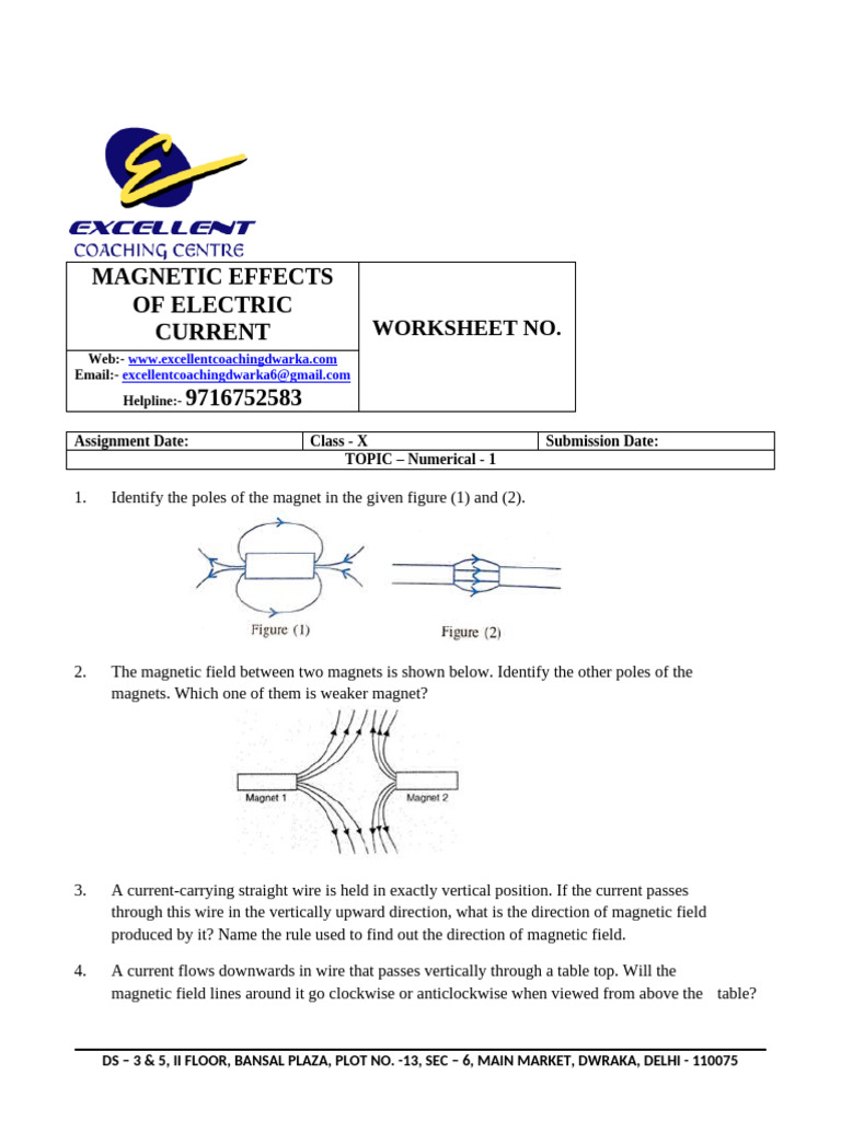 Class 10 Magnetic Effects Worksheet | PDF | Magnetic Field | Electron