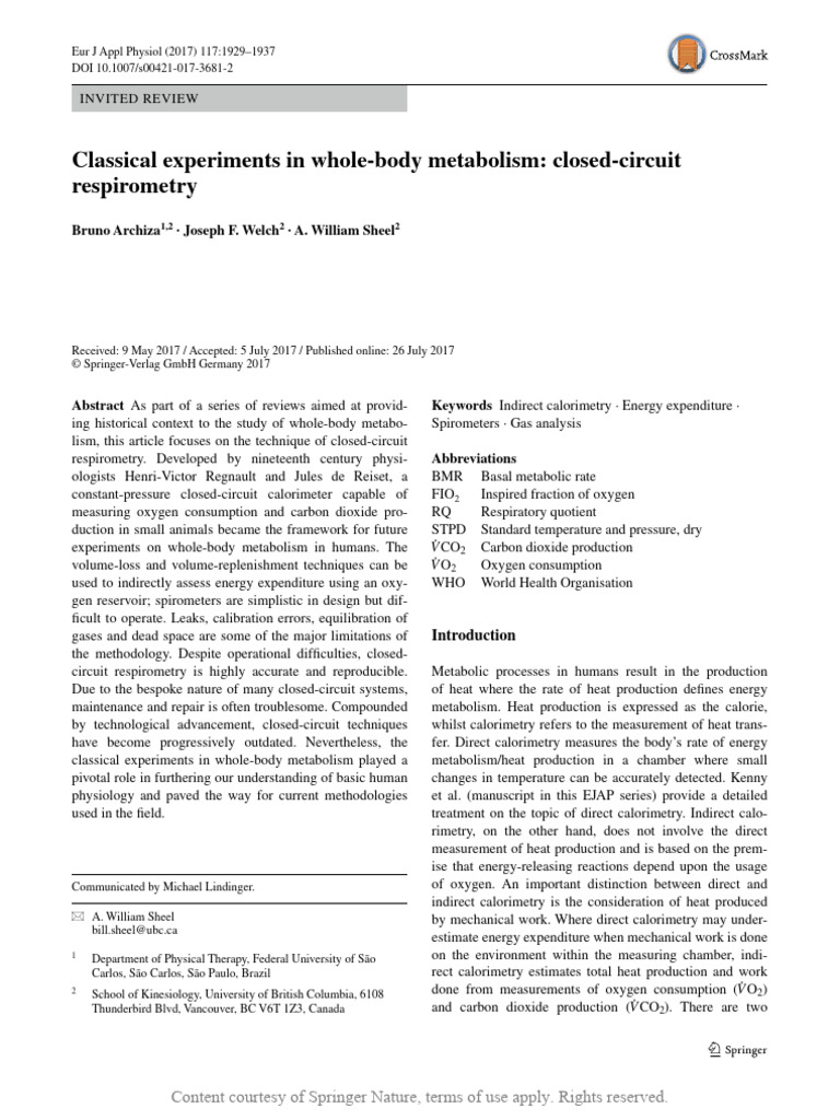 2017 Archiza Classical Experiments in Whole Body Metabolism Closed ...