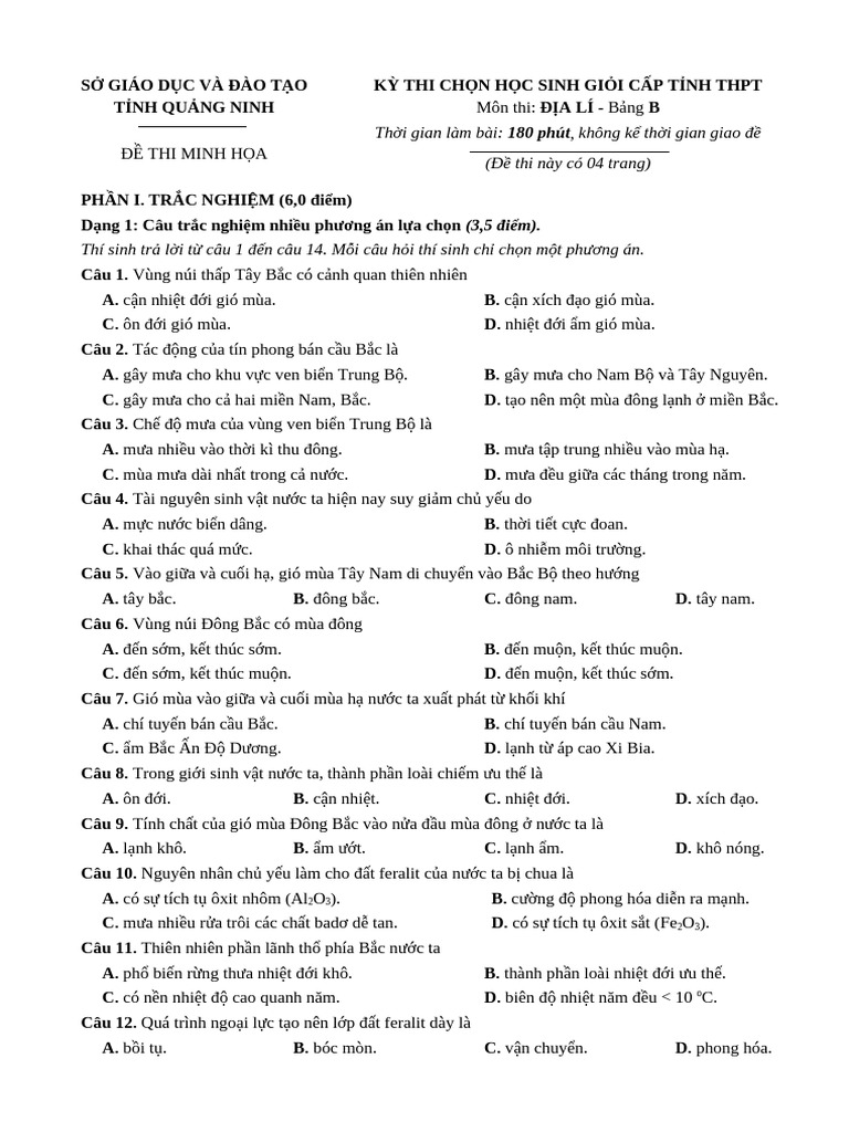 Môn Địa - Đề Minh Họa + HDC Bảng B HSG THPT Cấp Tỉnh | PDF