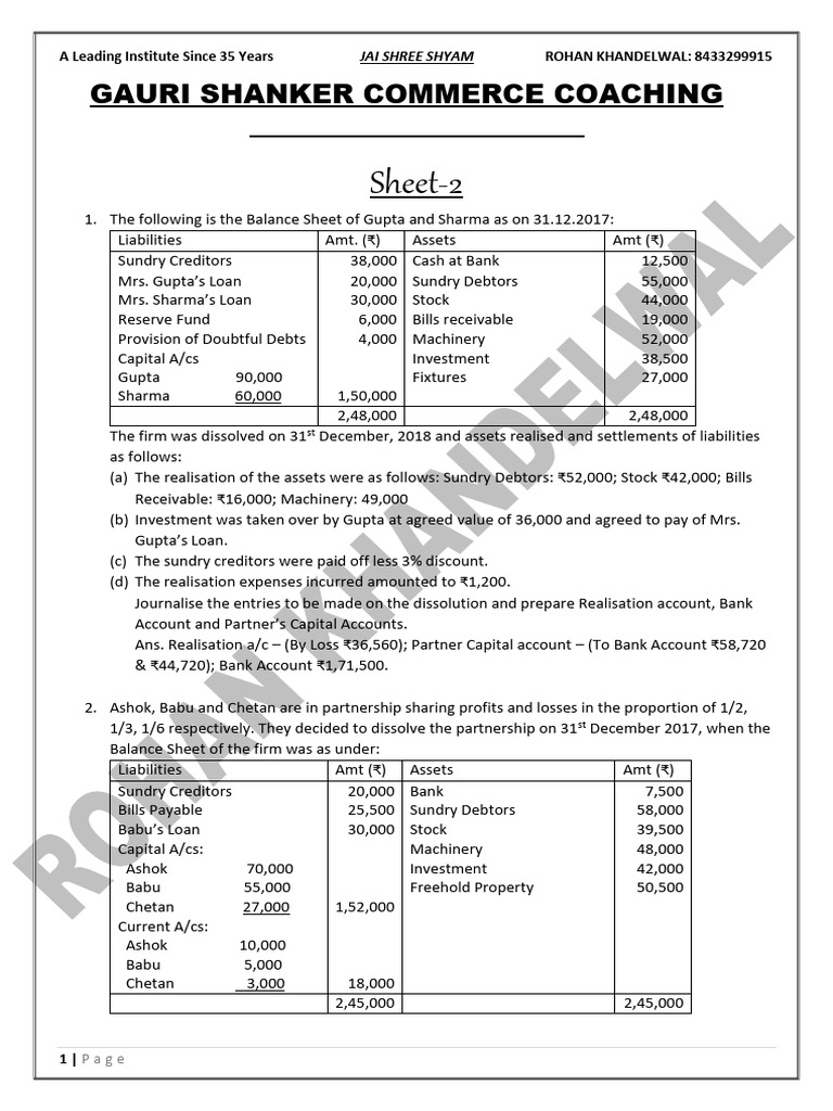 DISSOLUTION SHEET 7 JAN-1 Practice Ques | PDF | Book Value | Balance Sheet