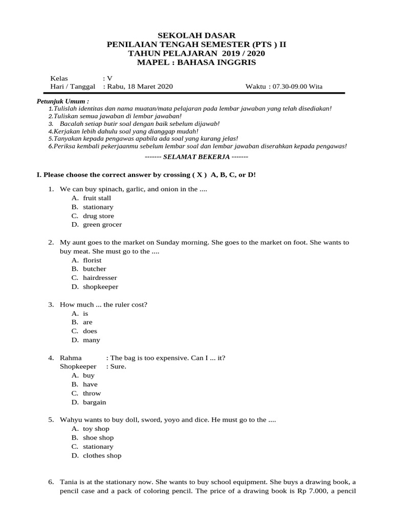 Kelas 5 Soal PTS Bahasa Inggris | PDF | Waiting Staff