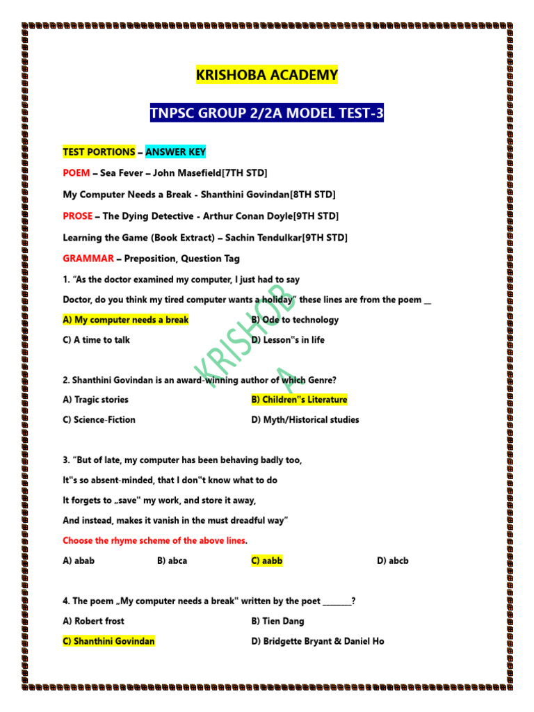 TNPSC Group 2/2A Model Test 3 Answers | PDF