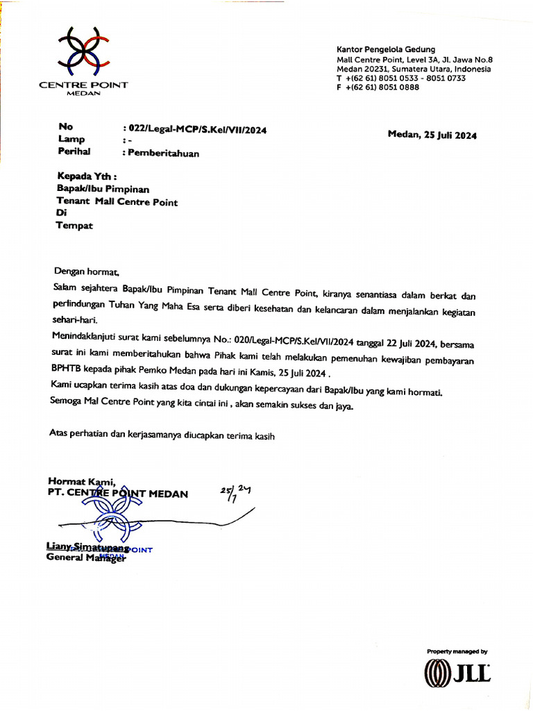 Surat Pemberitahuan Kepada Tenant Mall CP | PDF