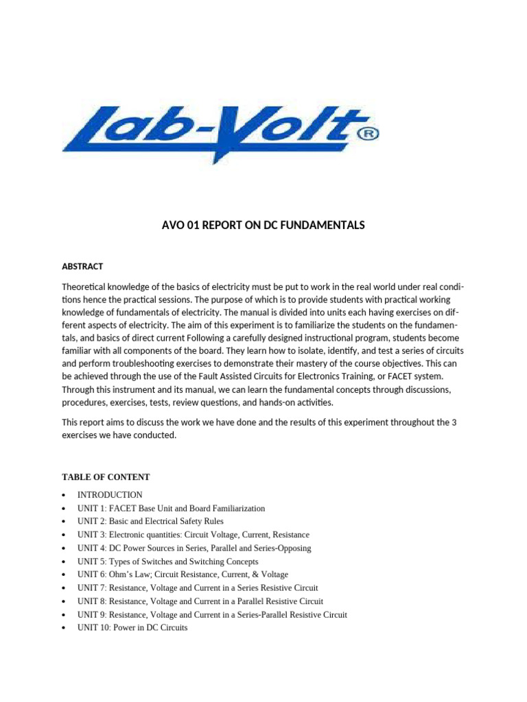Avo 01 Report On DC Fundamentals | PDF | Resistor | Voltage