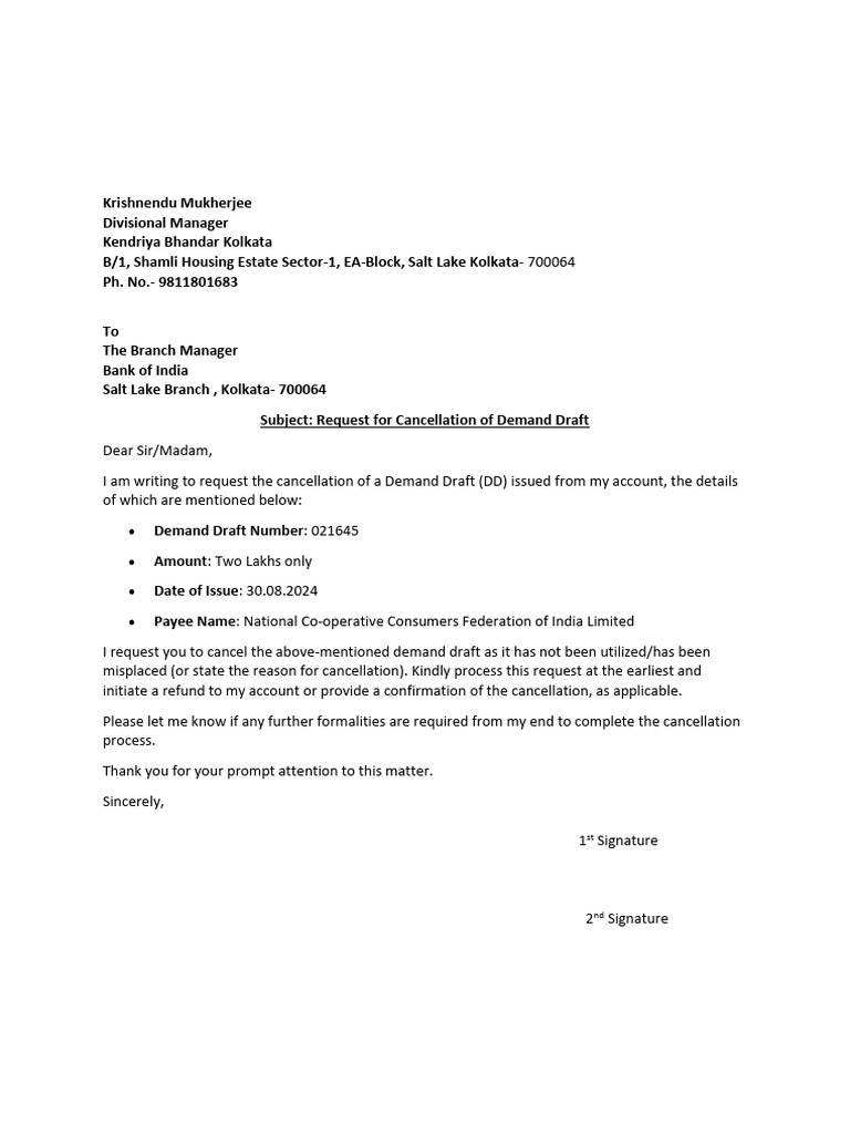 Demand Draft Cancellation Request | PDF