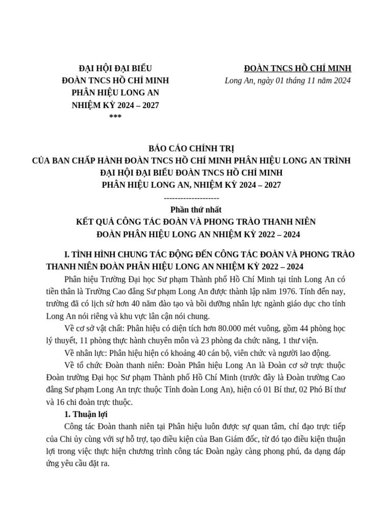 Bao Cao Chinh Tri - Dai Hoi Doan Phan Hieu Long An Nhiem Ky 2024 - 2027 | PDF