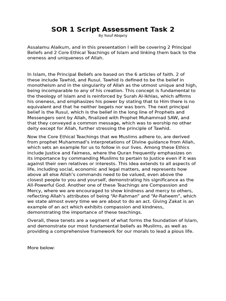 SOR 1 Script Assessment Task 2 | PDF | Prophets And Messengers In Islam | Tawhid