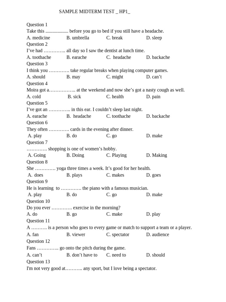 SAMPLE MIDTERM TEST - HP1 - Life | PDF