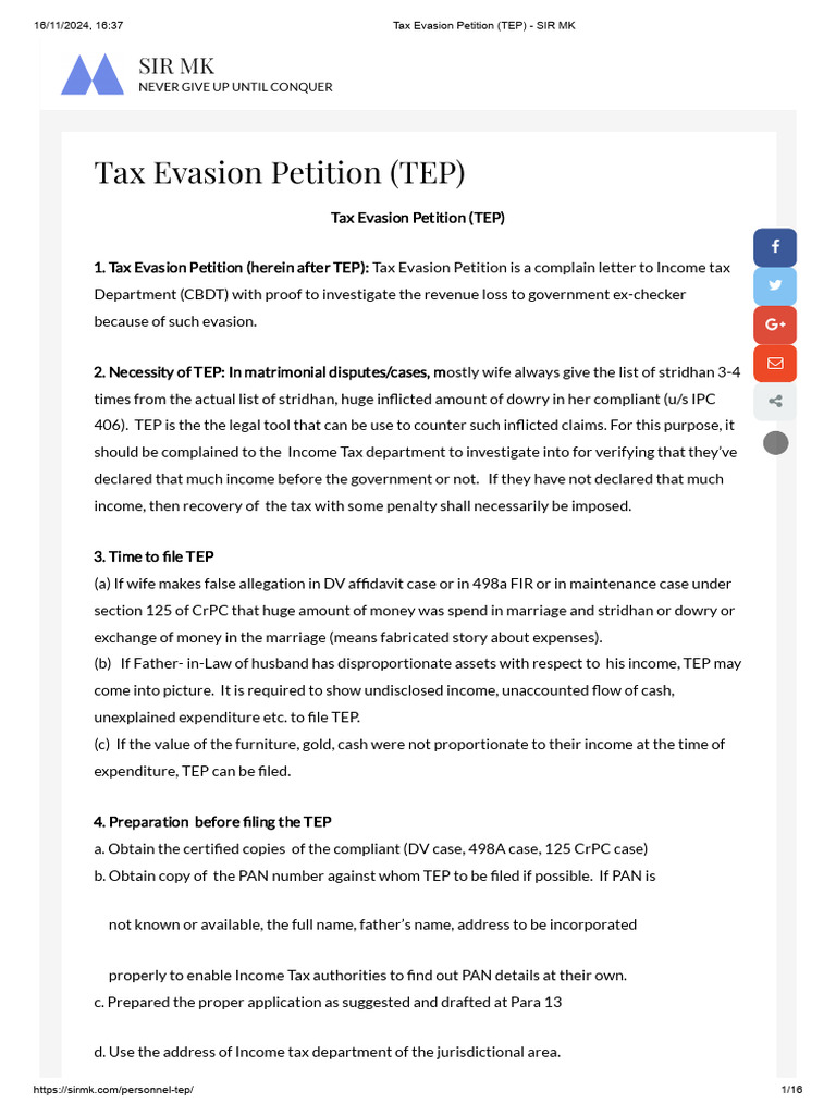 Tax Evasion Petition (TEP) - SIR MK | PDF | Taxes | Public Law