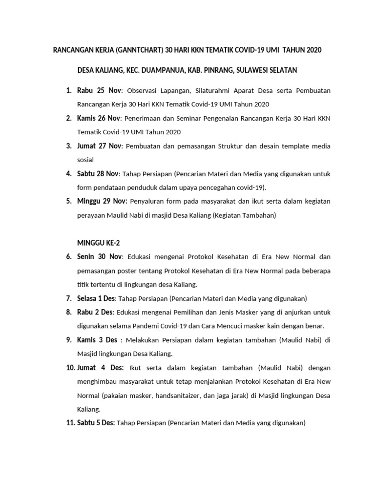 RANCANGAN KERJA 30 HARI (Gannt Chart) KKN KALIANG 2020 FIX | PDF