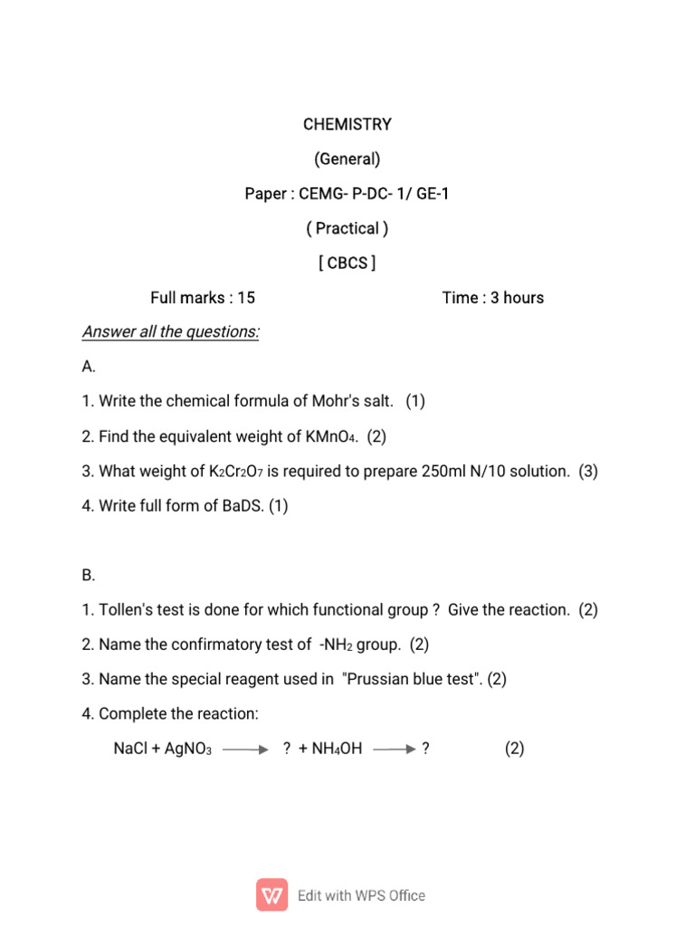 Question Paper Chemistry For 1st SEM General | PDF