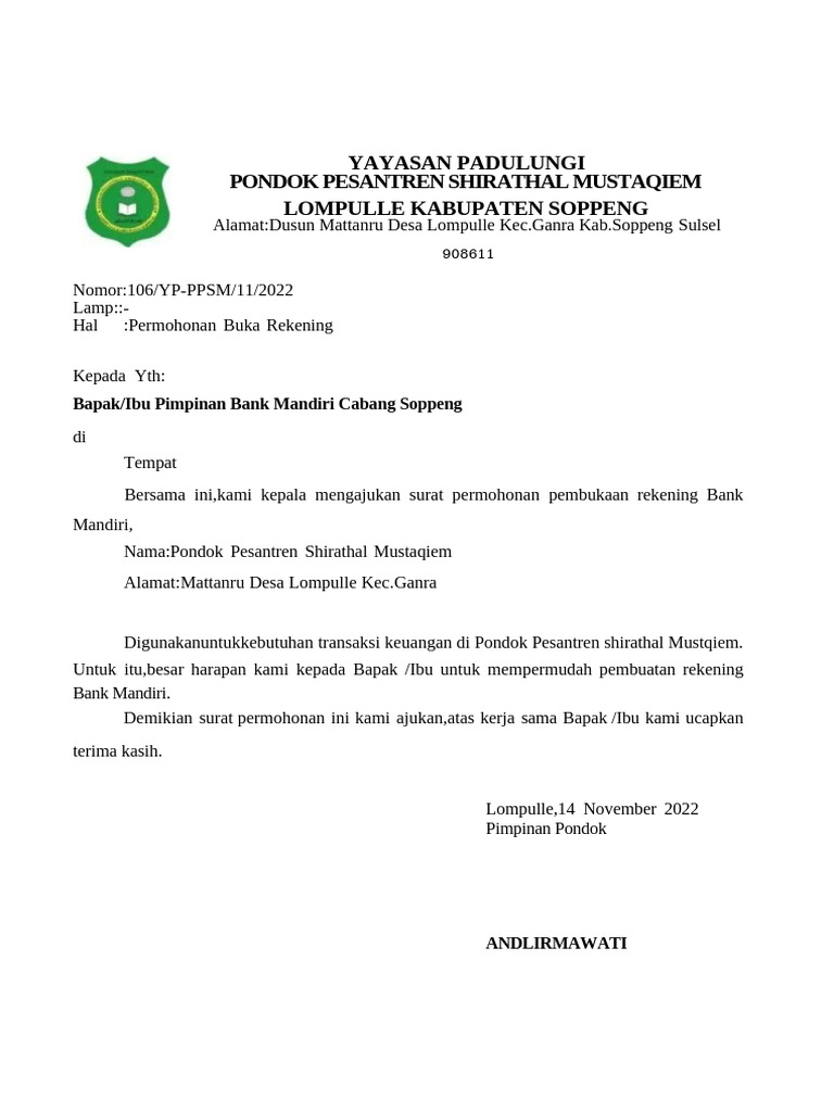 Permohonan Rekening Bank Mandiri Pesantren | PDF