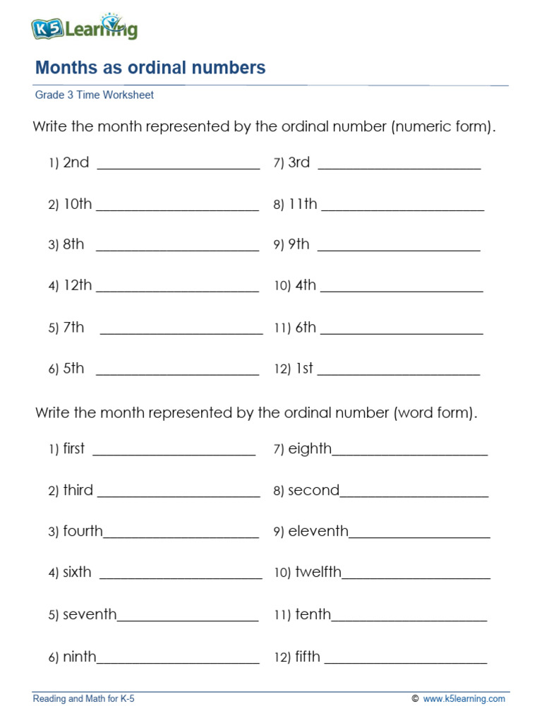 Ordinal Numbers Worksheet for Grade 3 | PDF