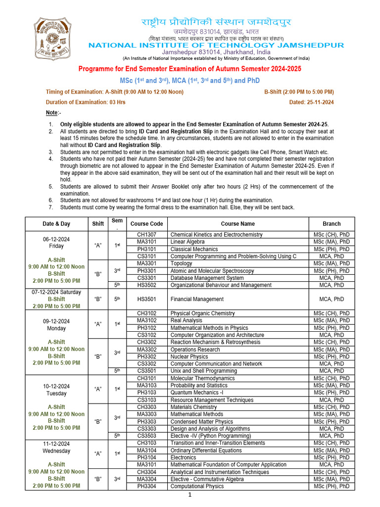 End Semester Examination of Autumn Semester 2024-2025 | PDF ...