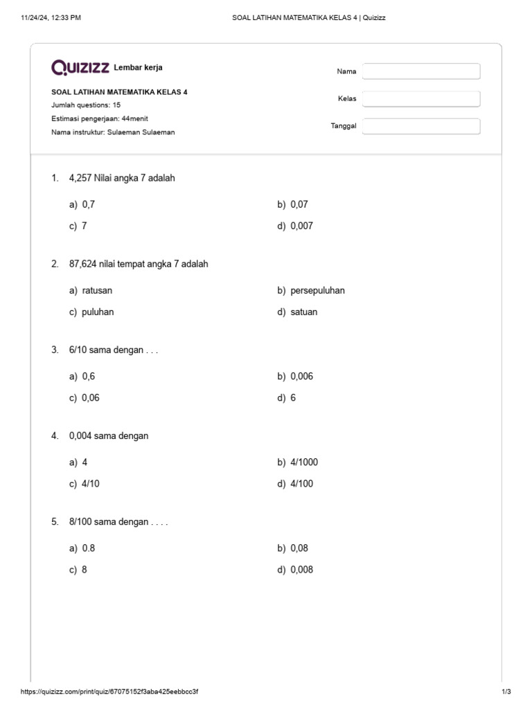 Soal Latihan Matematika Kelas 4 - Quizizz | PDF