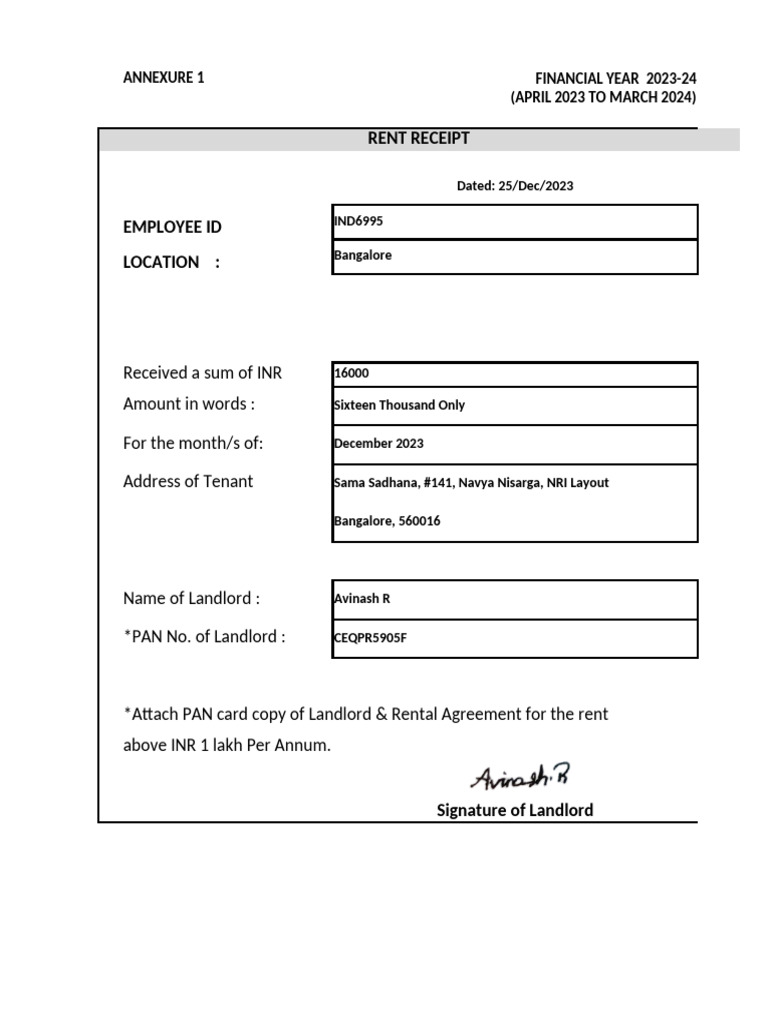 Rent Receipt for December 2023 | PDF