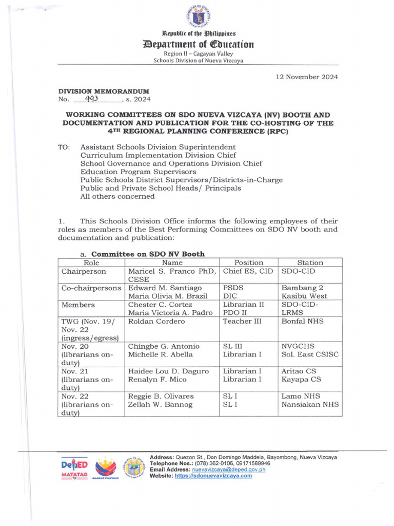 DM NO. 493 S. 2024 WORKING COMMITTEES ON SDO NUEVA VIZCAYA NV BOOTH AND DOCUMENTATION AND ...