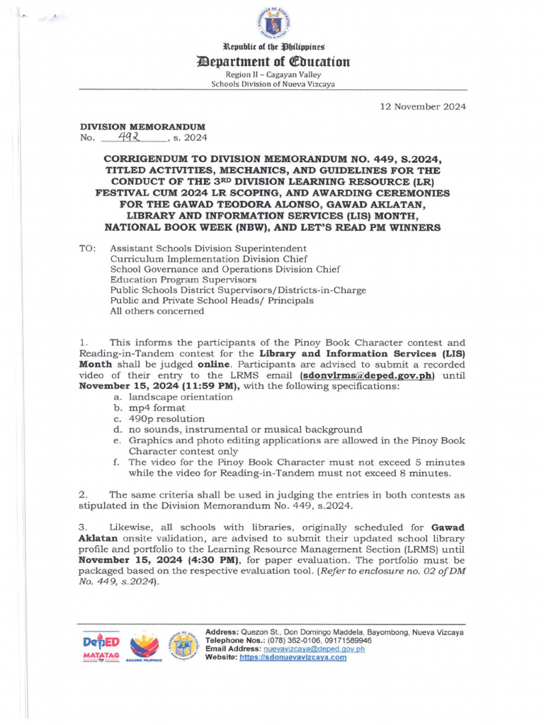 DM No. 492 S. 2024 CORRIGENDUM TO DIVISION MEMORANDUM NO. 449 S. 2024 ... DM No. 492 S. 2024 CORRIGENDUM TO DIVISION MEMORANDUM NO. 449 S. 2024 ...