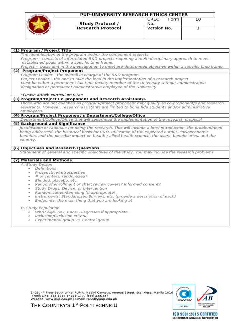 UREC Form 10 Research Study Protocol2 | PDF | Informed Consent | Survey ...