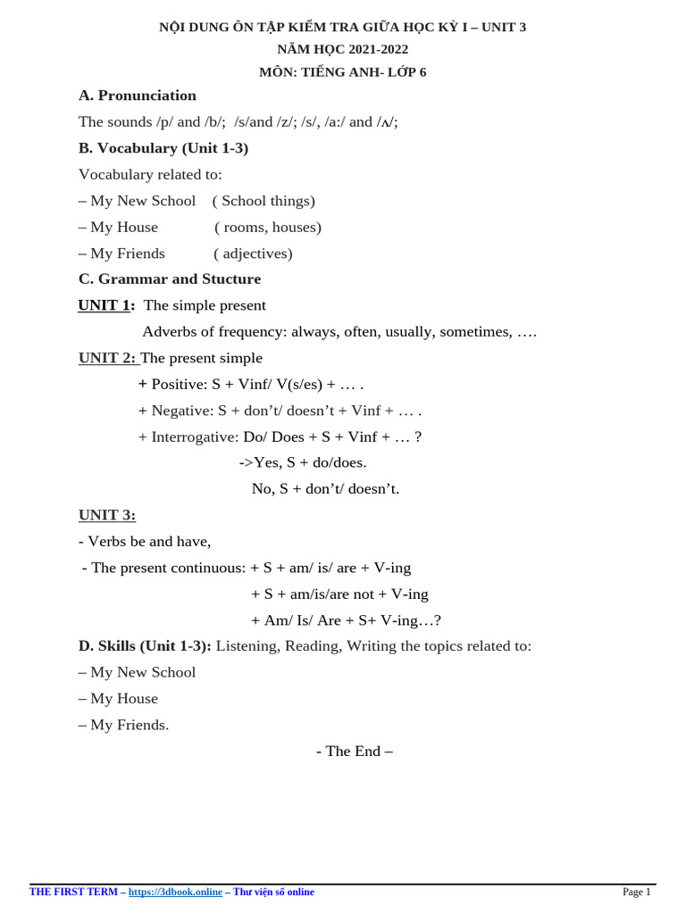 ON TAP GIUA HKI ANH 6 Unit 3 | PDF | Linguistic Morphology | Syntax