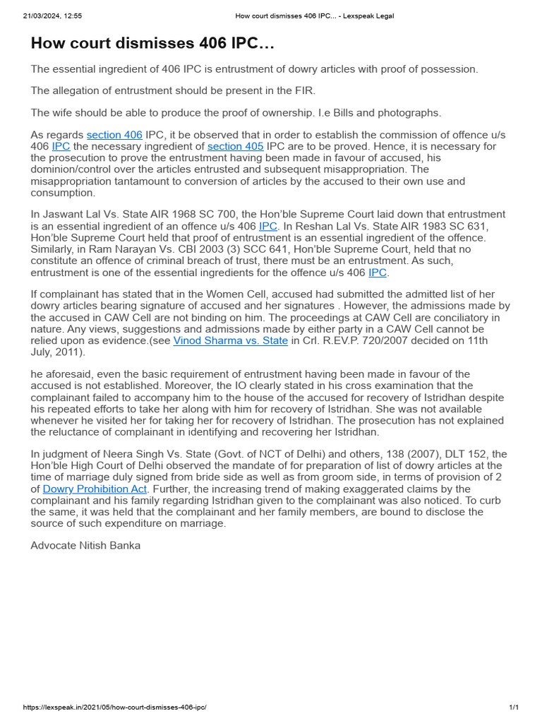 How Court Dismisses 406 IPC... - Lexspeak Legal | PDF | Common Law ...