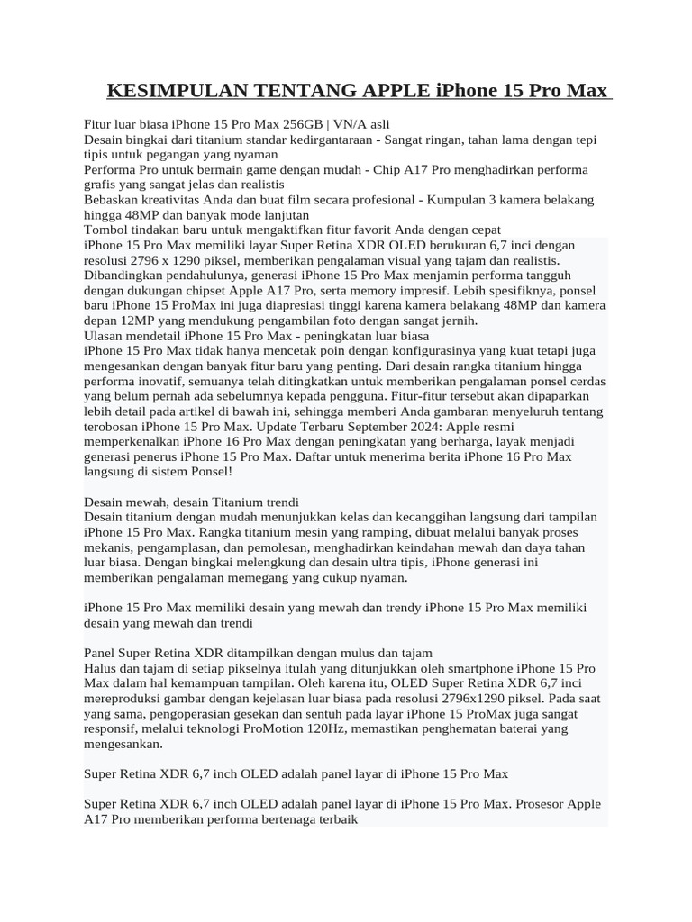 KESIMPULAN TENTANG APPLE Iphone 15 Pro Max | PDF
