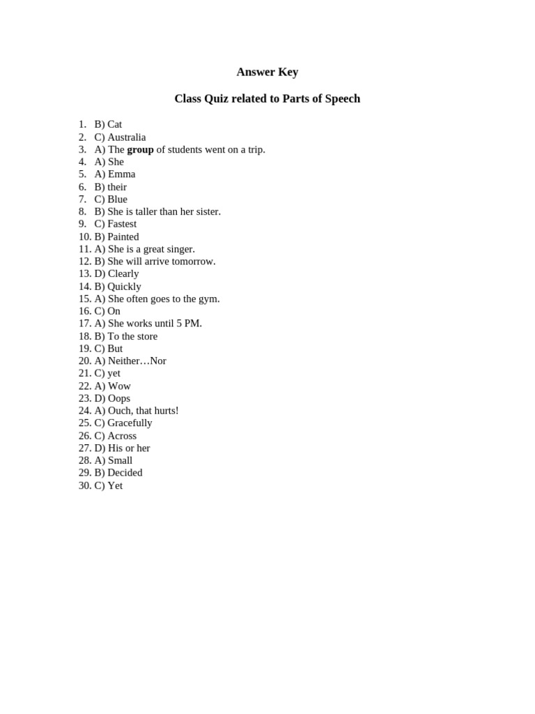 Answer Key (Parts of Speech) | PDF