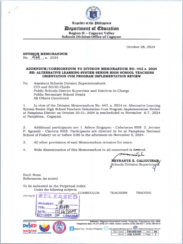 DVM No. 474 S. 2024 Addendum Corrigendum To Division Memorandum No. 443 S. 2024 | PDF