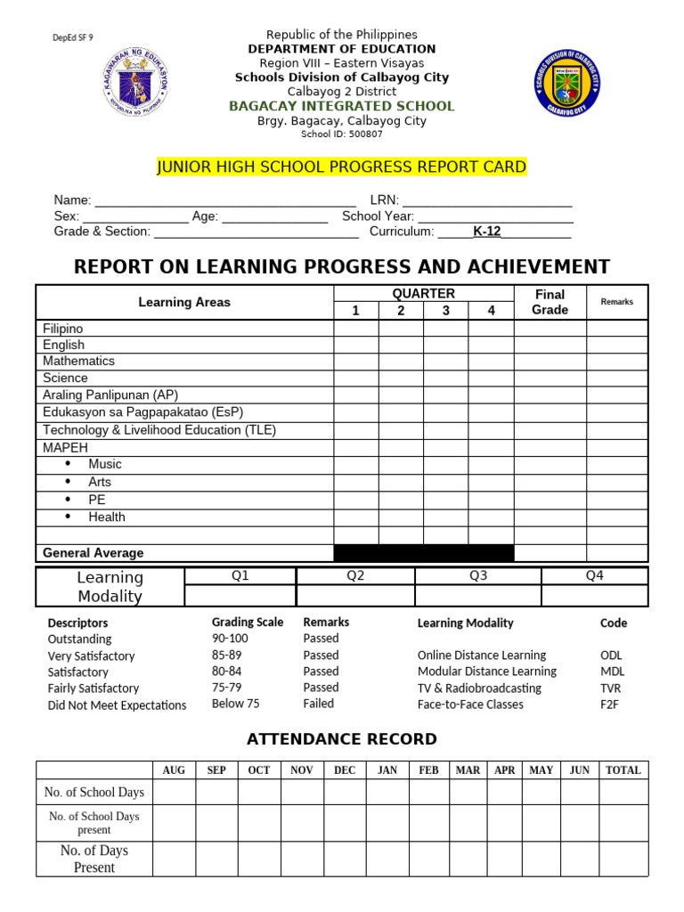 JHS - SF9 Format - 24X19 | PDF | Teachers | Learning