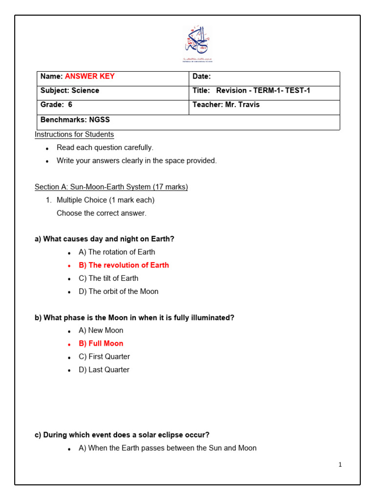 Term 1 Test Revision Answer Key | PDF | Solar System | Eclipse