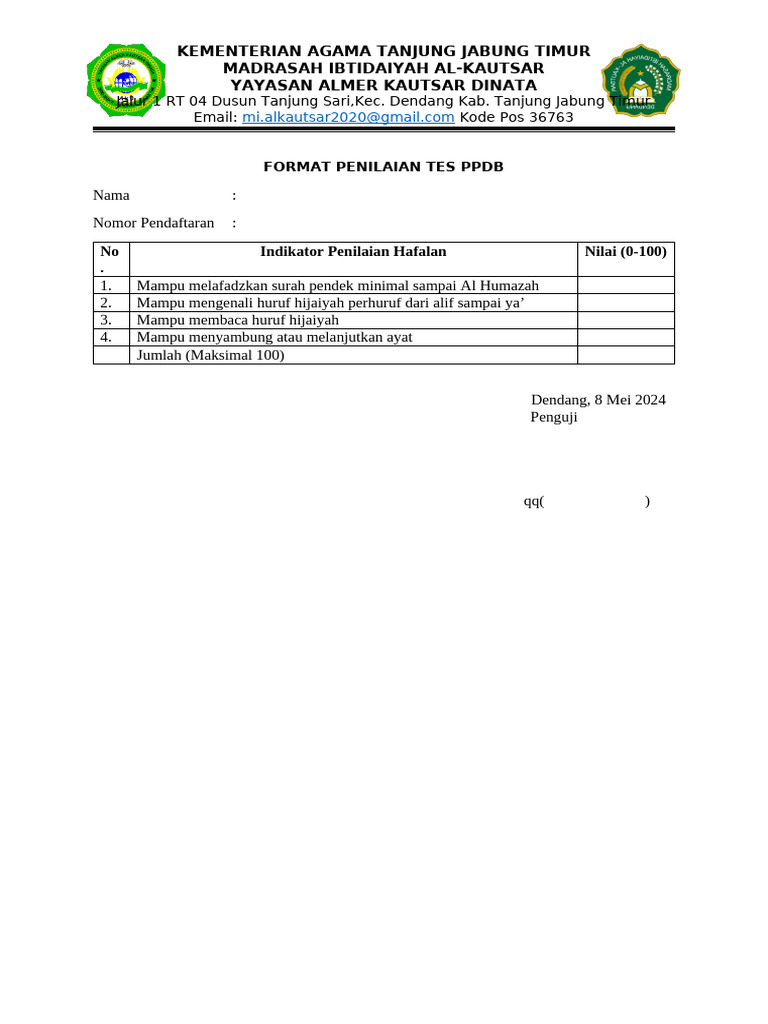 Format Penilaian Tes PPDB MI Al-Kautsar | PDF