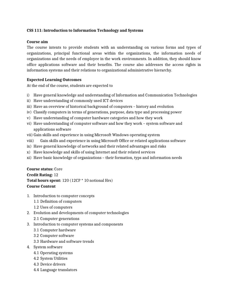 Css 111 Introduction To Information Technology And Systems Pdf Information System