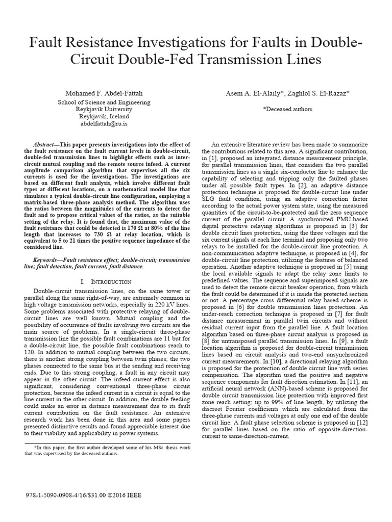Fault Resistance Investigations For Faults in Double-Circuit Double-Fed Transmission Lines | PDF ...