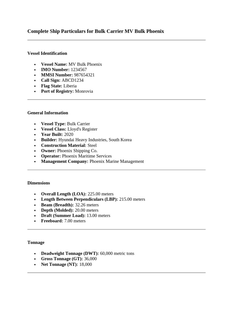 MV Bulk Phoenix Ship Particulars | PDF | Tonnage | Ships