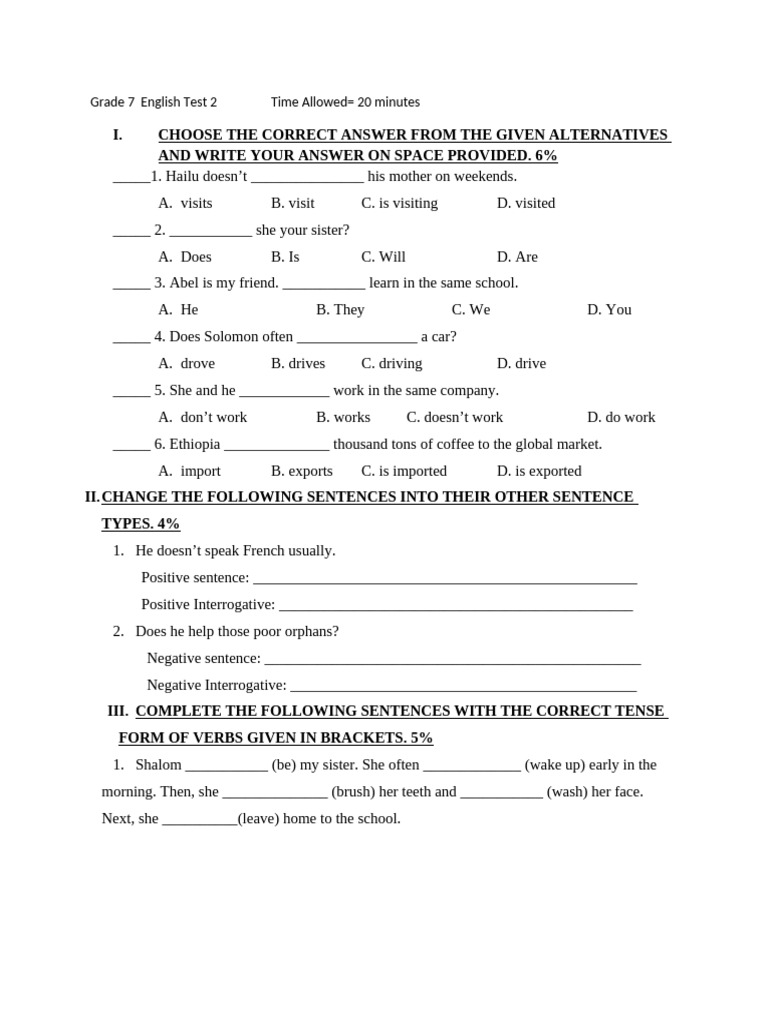 Grade 7 English Test 2time Allowed | PDF