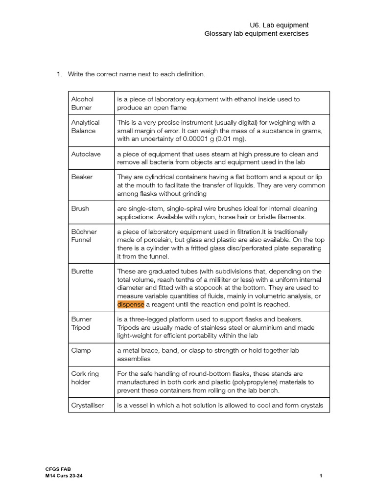 Answer Glossary Lab Equipment Exercises - Documents de Google | PDF | Volume | Glasses