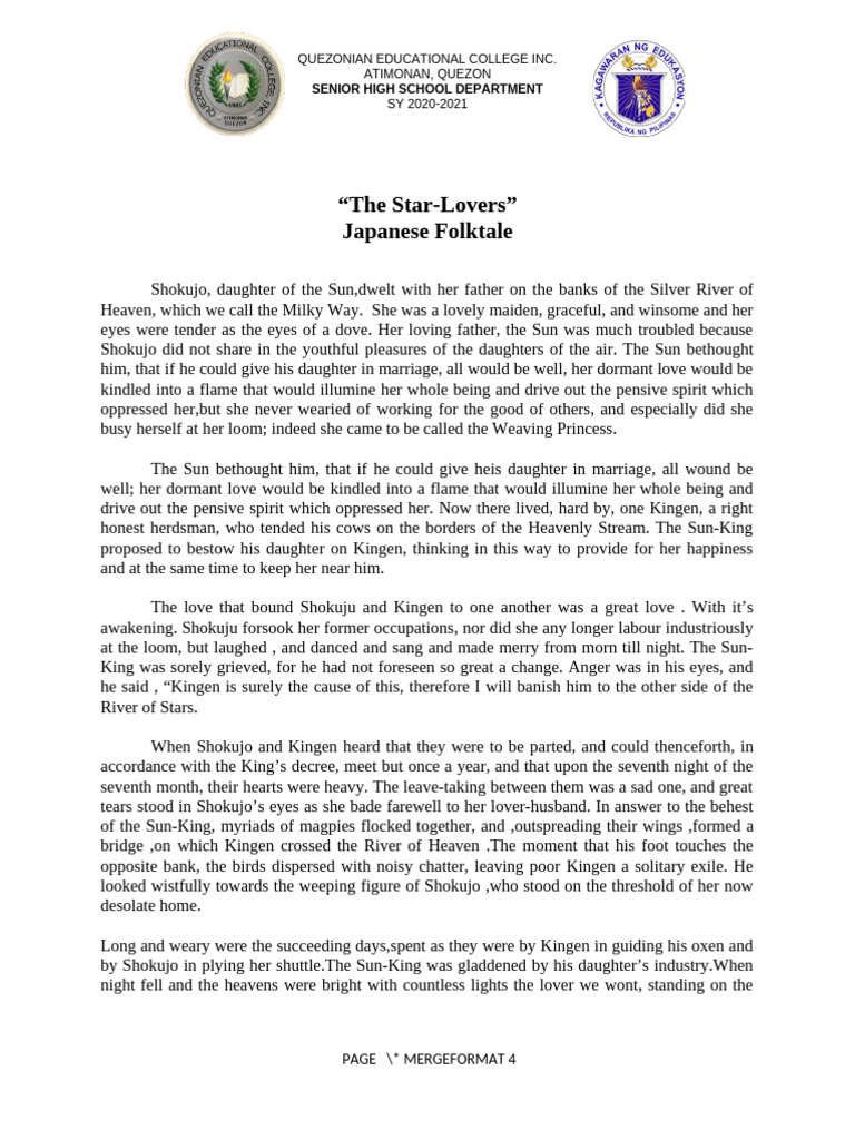 The Star Lovers Japanese Folktale | PDF