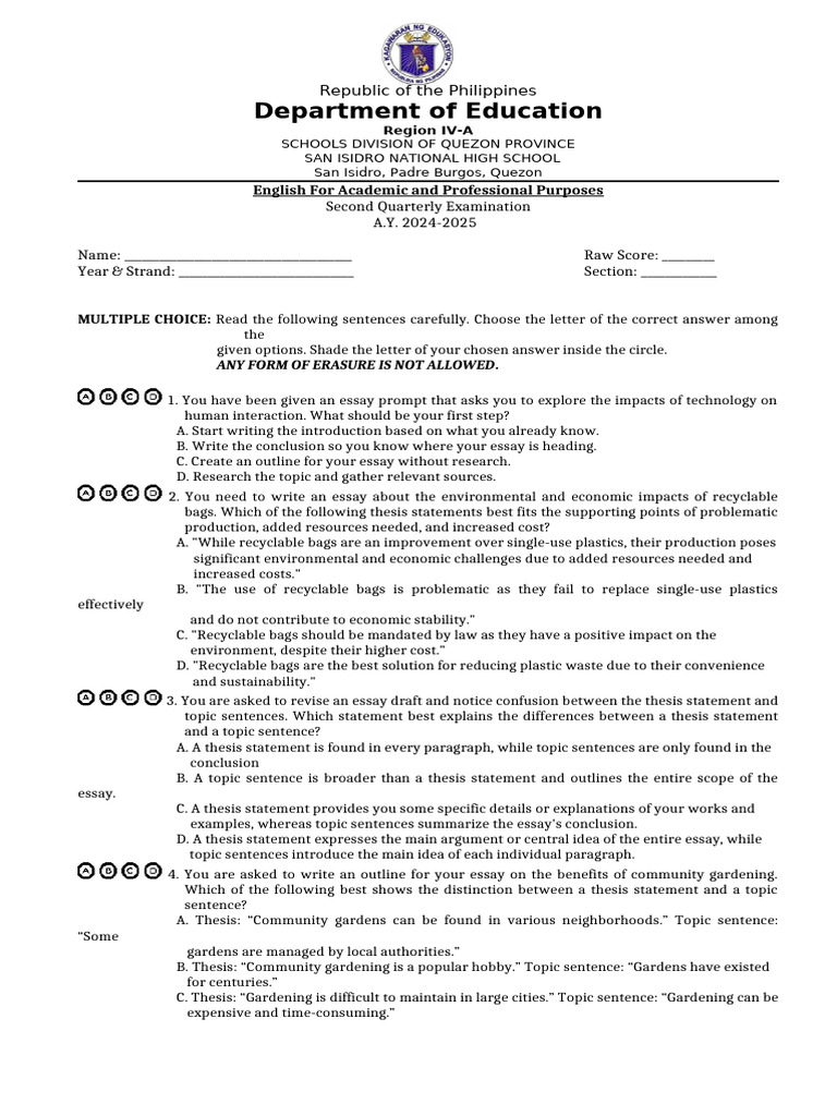 EnglishForAcademicAndProfessionalPurposes-2ndQuarterExam RPA 2024-2025 ...