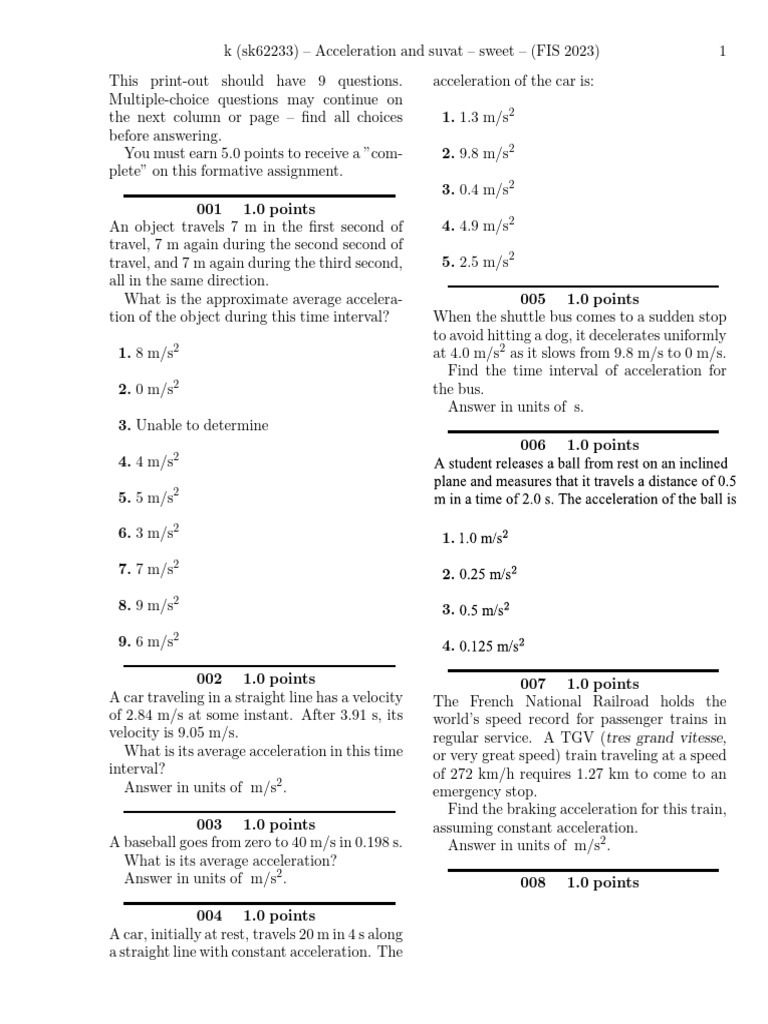 Acceleration and Suvat-Problems | PDF | Acceleration | Speed
